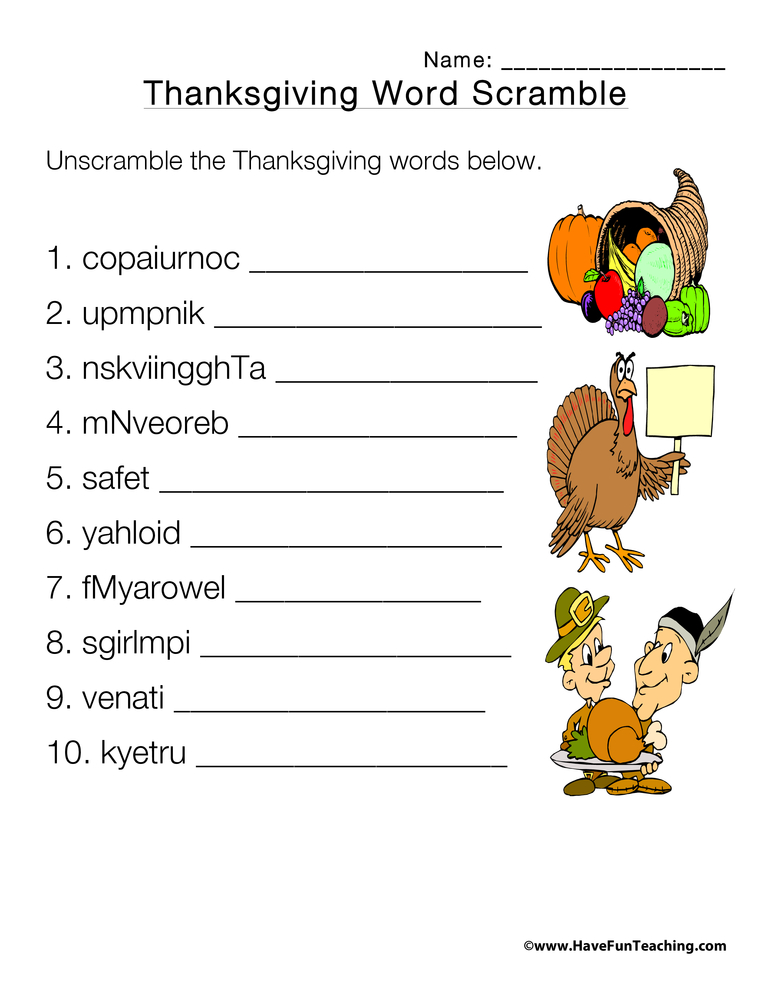 Thanksgiving Word Scramble Worksheet by Teach Simple