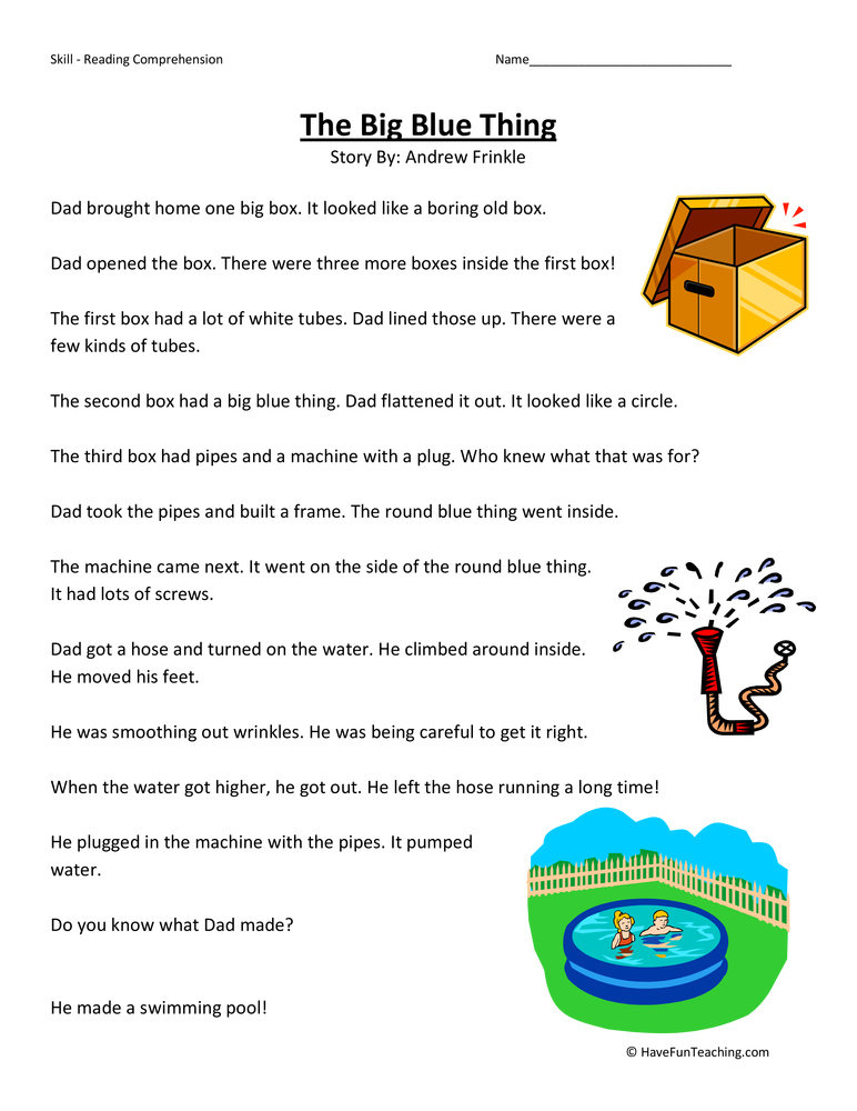 The Big Blue Thing Reading Comprehension Worksheet by Teach Simple