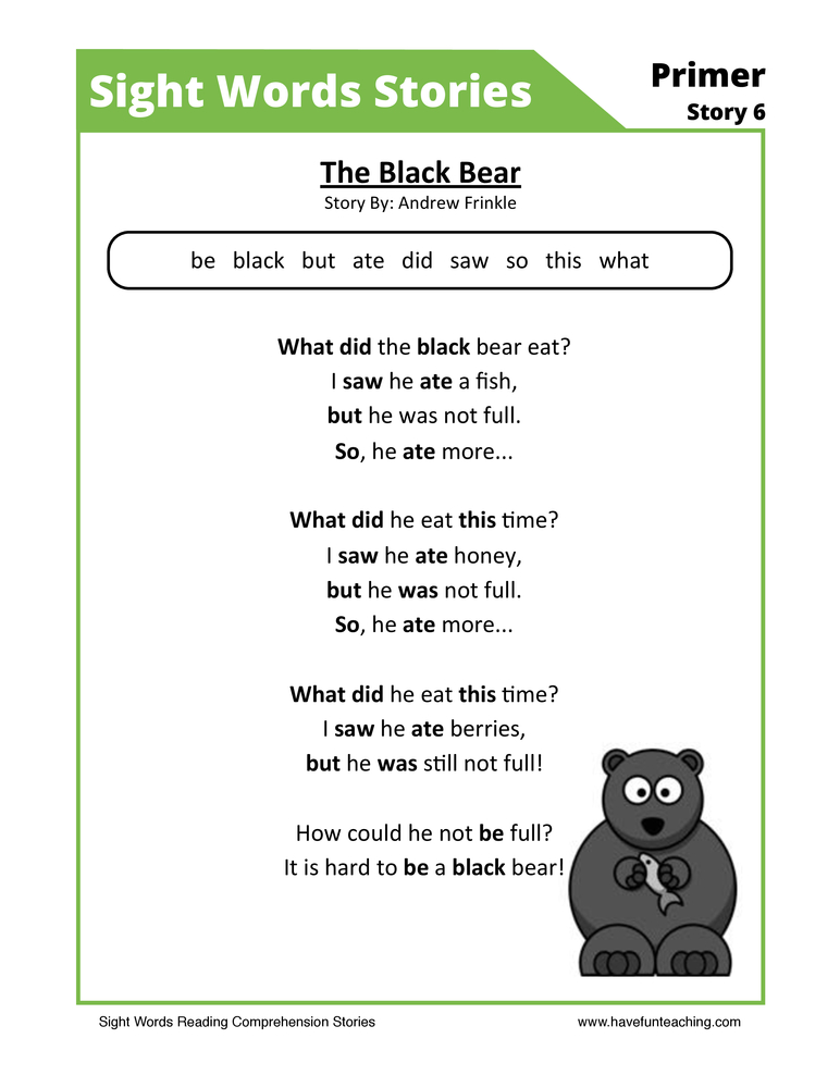 The Black Bear Primer Sight Words Reading Comprehension Worksheet by ...