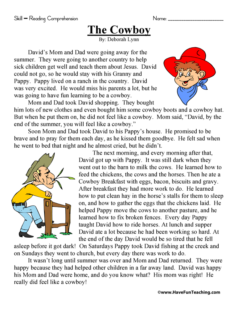 The Cowboy Reading Comprehension Worksheet by Teach Simple