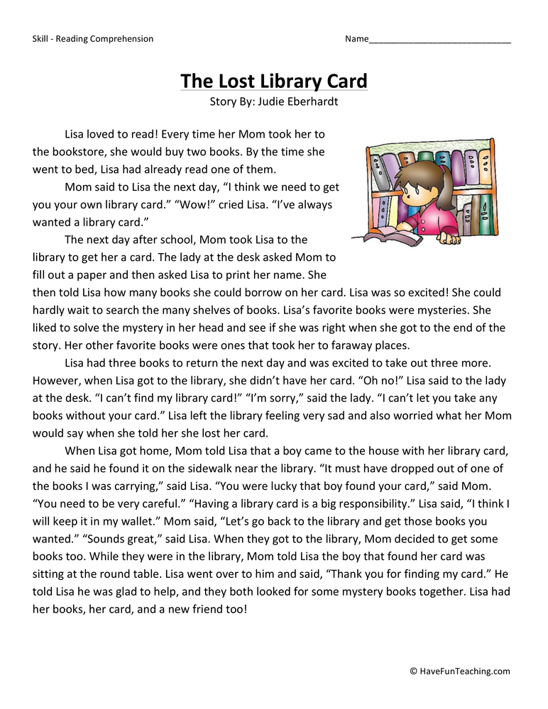 The Lost Library Card Reading Comprehension Worksheet by Teach Simple