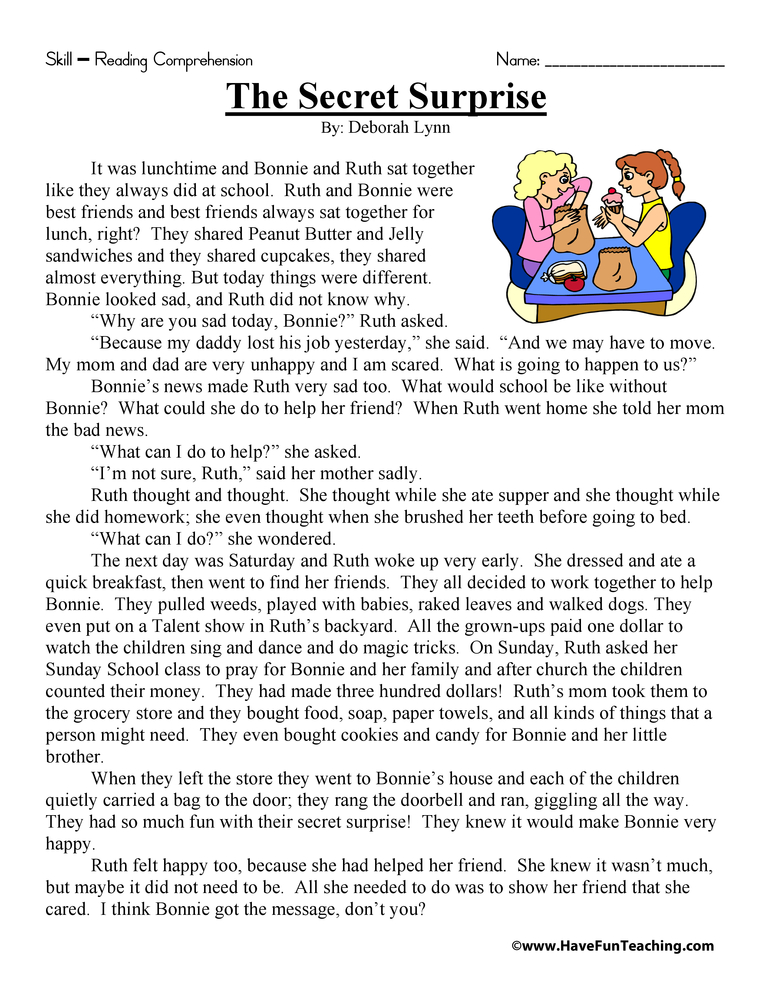 The Secret Surprise Reading Comprehension Worksheet by Teach Simple