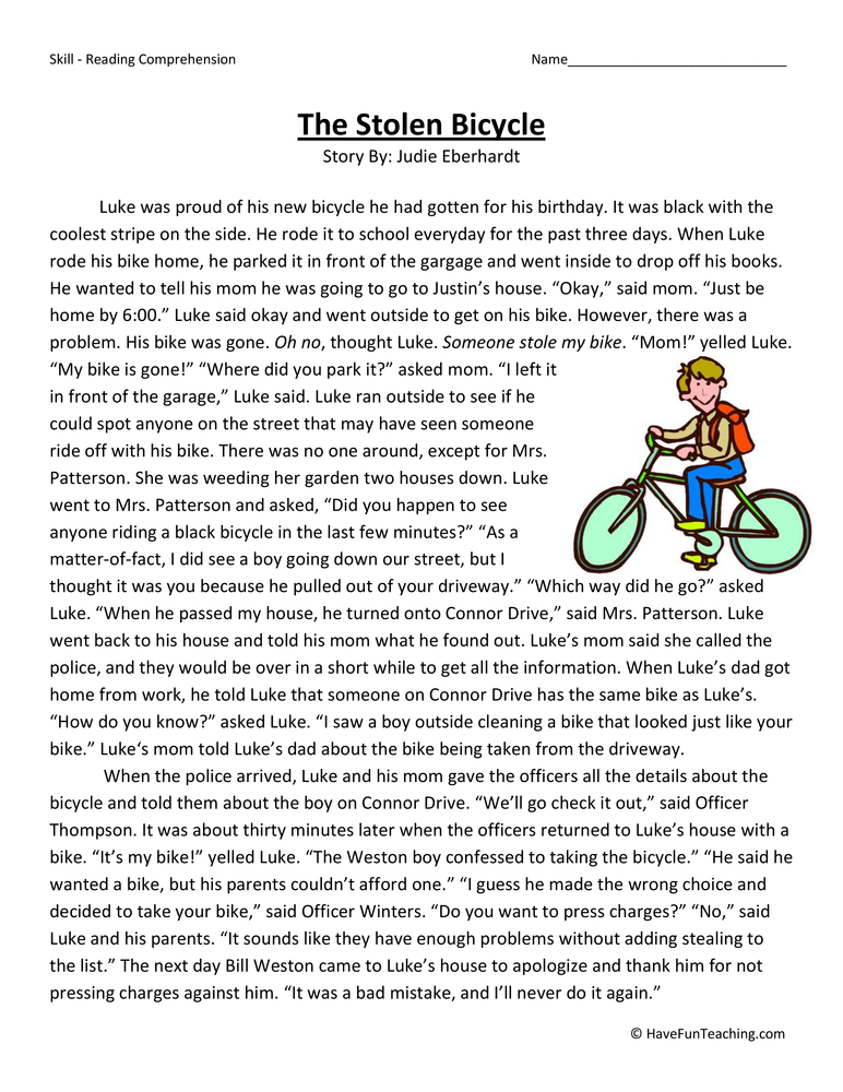 The Stolen Bicycle Reading Comprehension Worksheet by Teach Simple