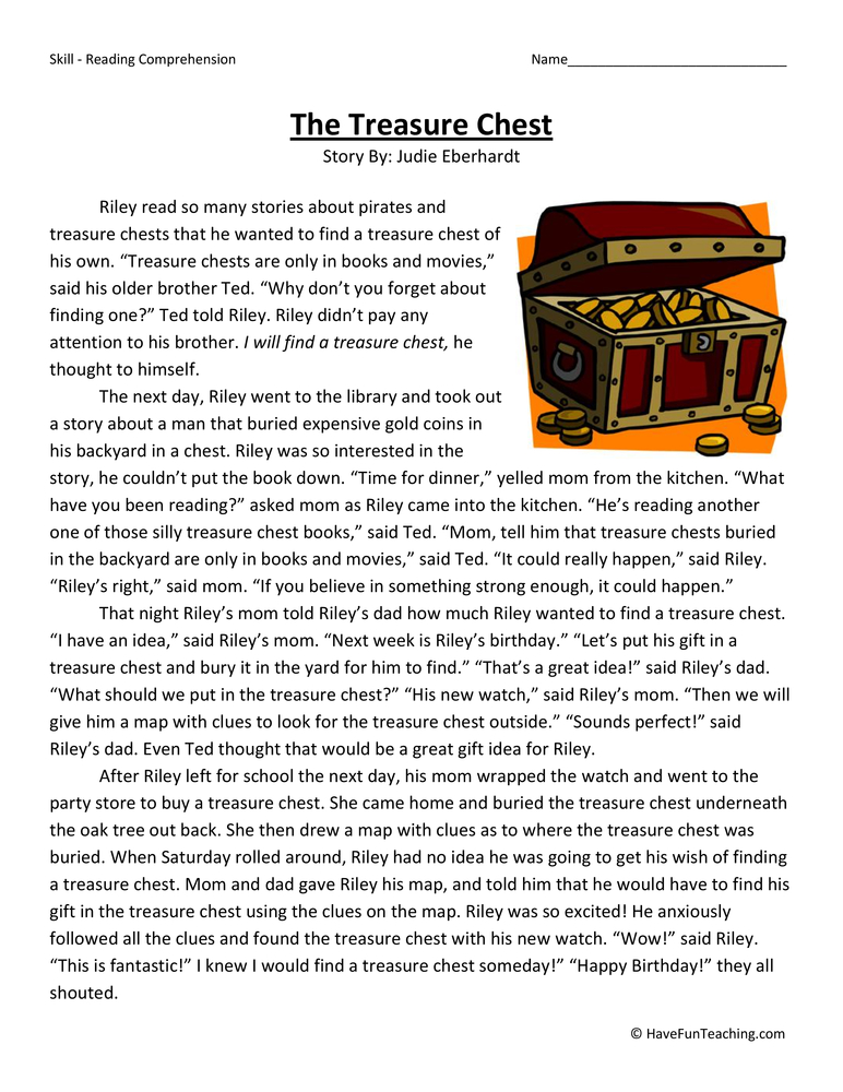 The Treasure Chest Reading Comprehension Worksheet by Teach Simple