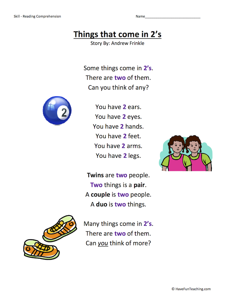 Things that come in 2s Reading Comprehension Worksheet by Teach Simple