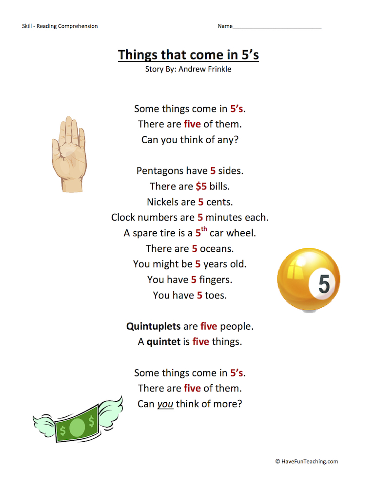 Things that come in 5s Reading Comprehension Worksheet by Teach Simple