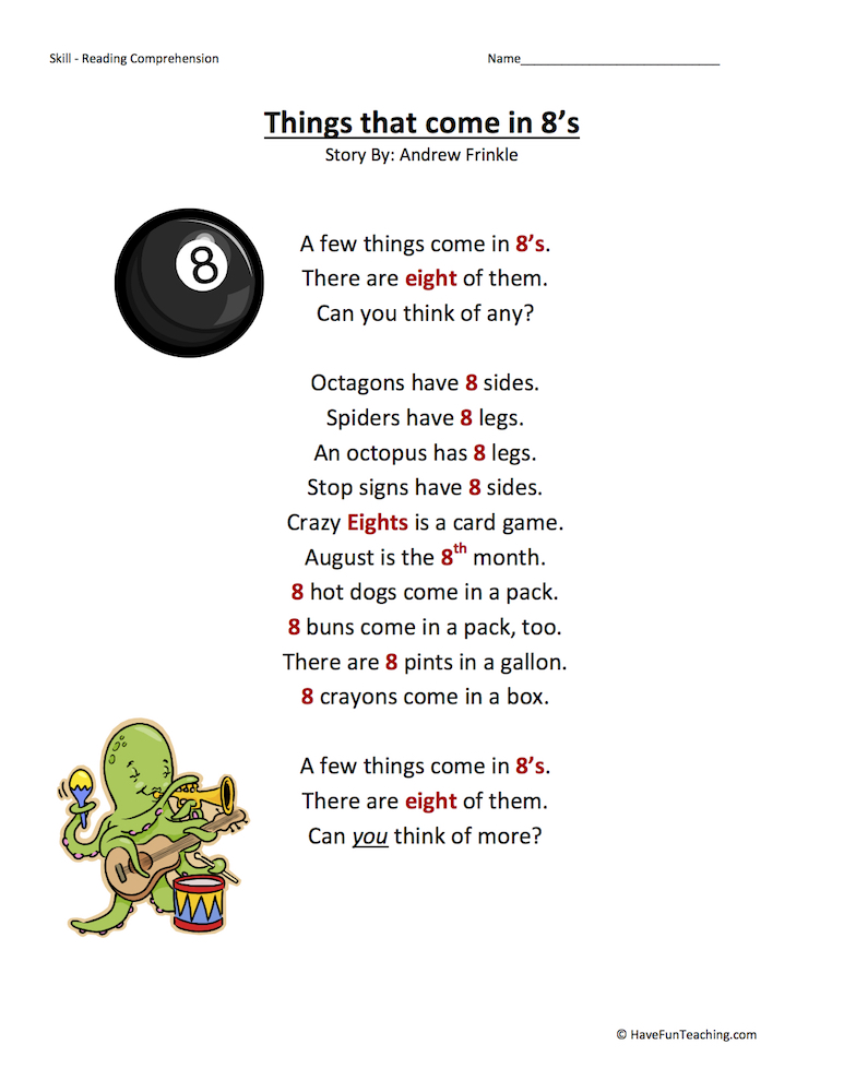 Things that come in 8s Reading Comprehension Worksheet by Teach Simple