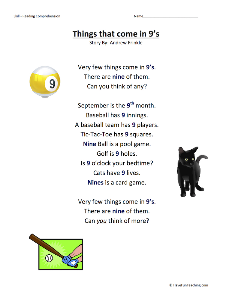 Things that come in 9s Reading Comprehension Worksheet by Teach Simple