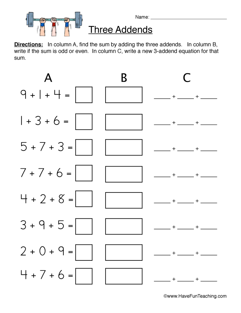 Three Addends Worksheet By Teach Simple