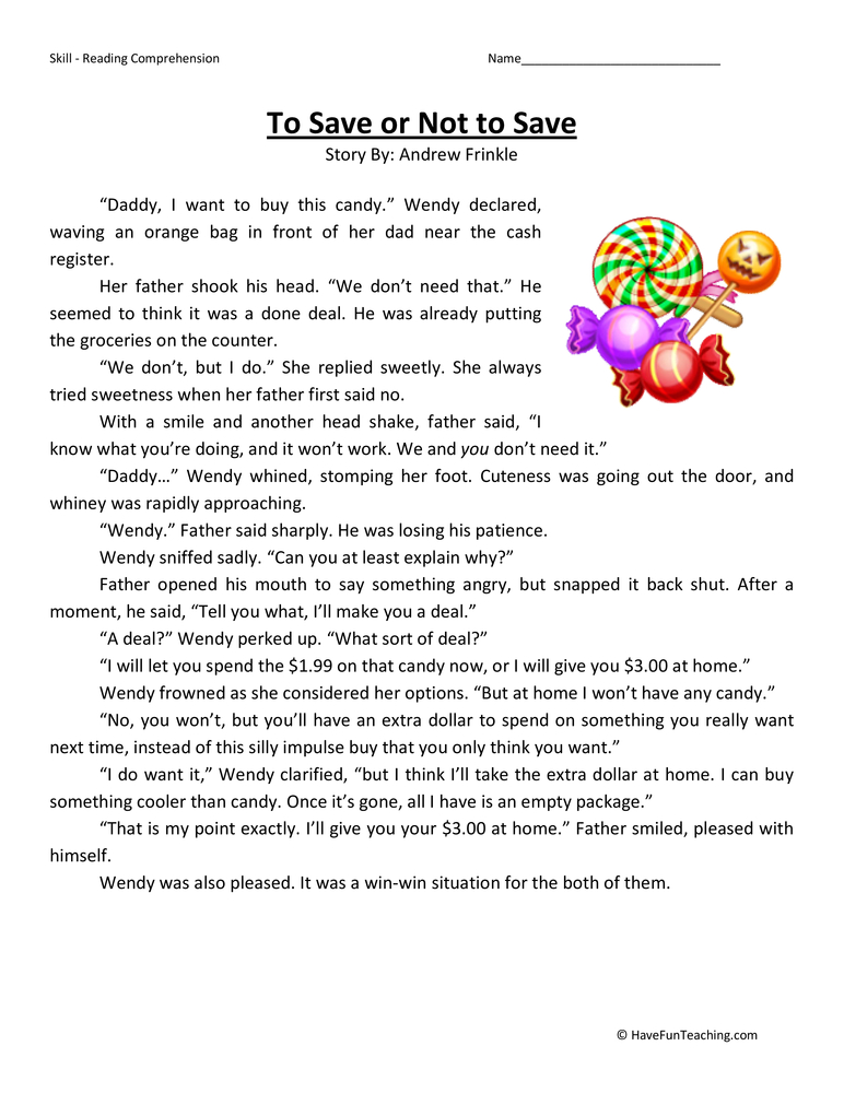 To Save or Not to Save Reading Comprehension Worksheet by Teach Simple