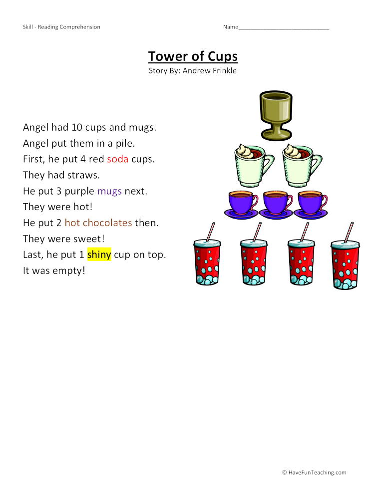 Tower of Cups Reading Comprehension Worksheet by Teach Simple