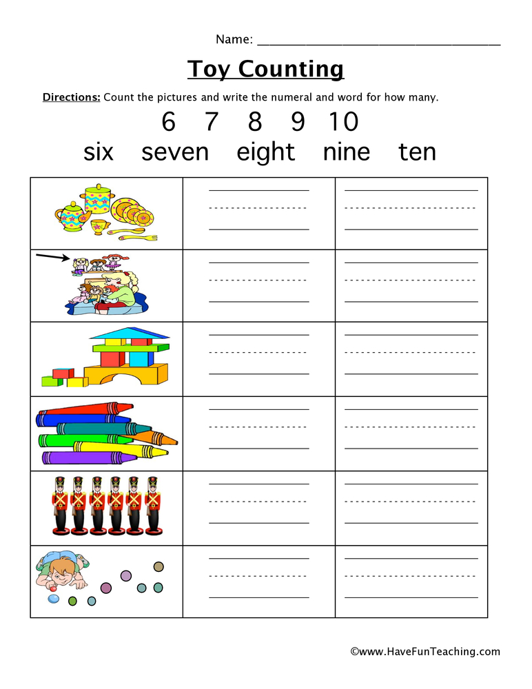 Toy Counting 6-10 Worksheet by Teach Simple