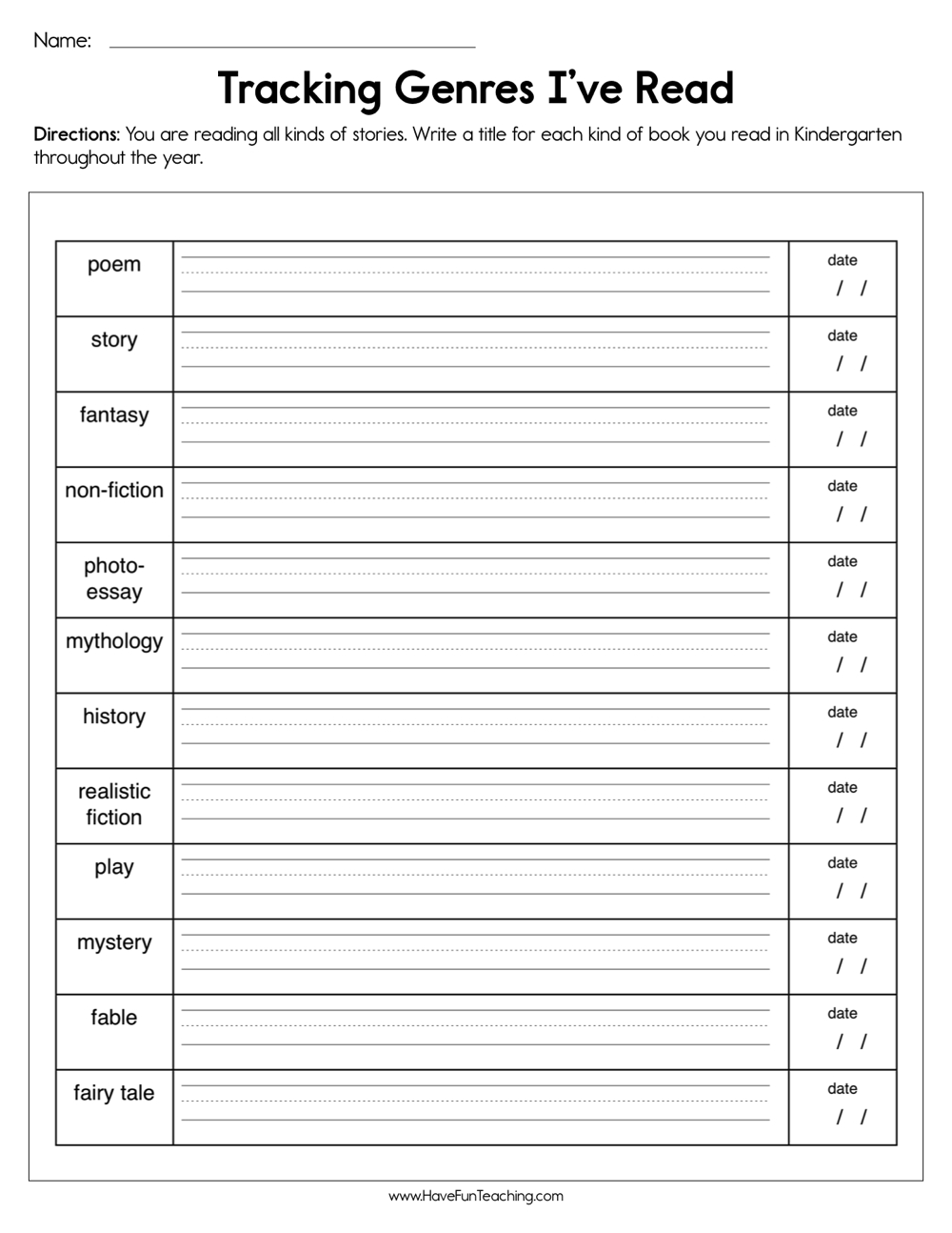 Tracking Genres I've Read Worksheet by Teach Simple