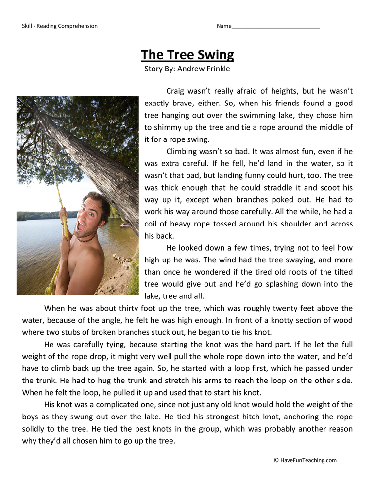 Tree Swing Reading Comprehension Worksheet by Teach Simple