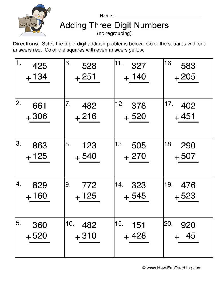 Triple Digit Addition No Regrouping Worksheet By Teach Simple