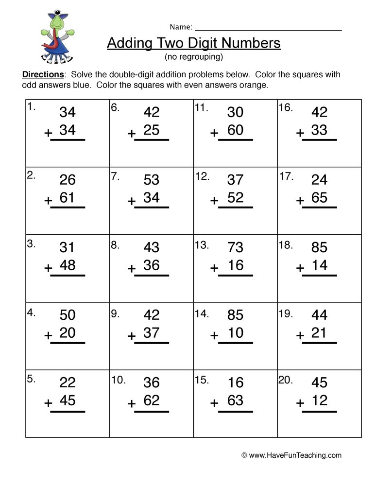 Two Digit Addition Without Regrouping Worksheet By Teach Simple