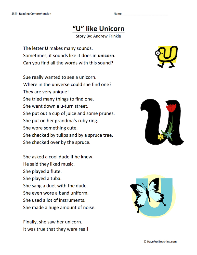 U Like Unicorn Reading Comprehension Worksheet by Teach Simple