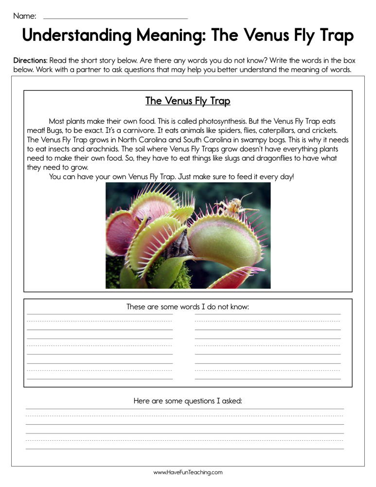 Understanding Meaning The Venus Fly Trap Worksheet by Teach Simple