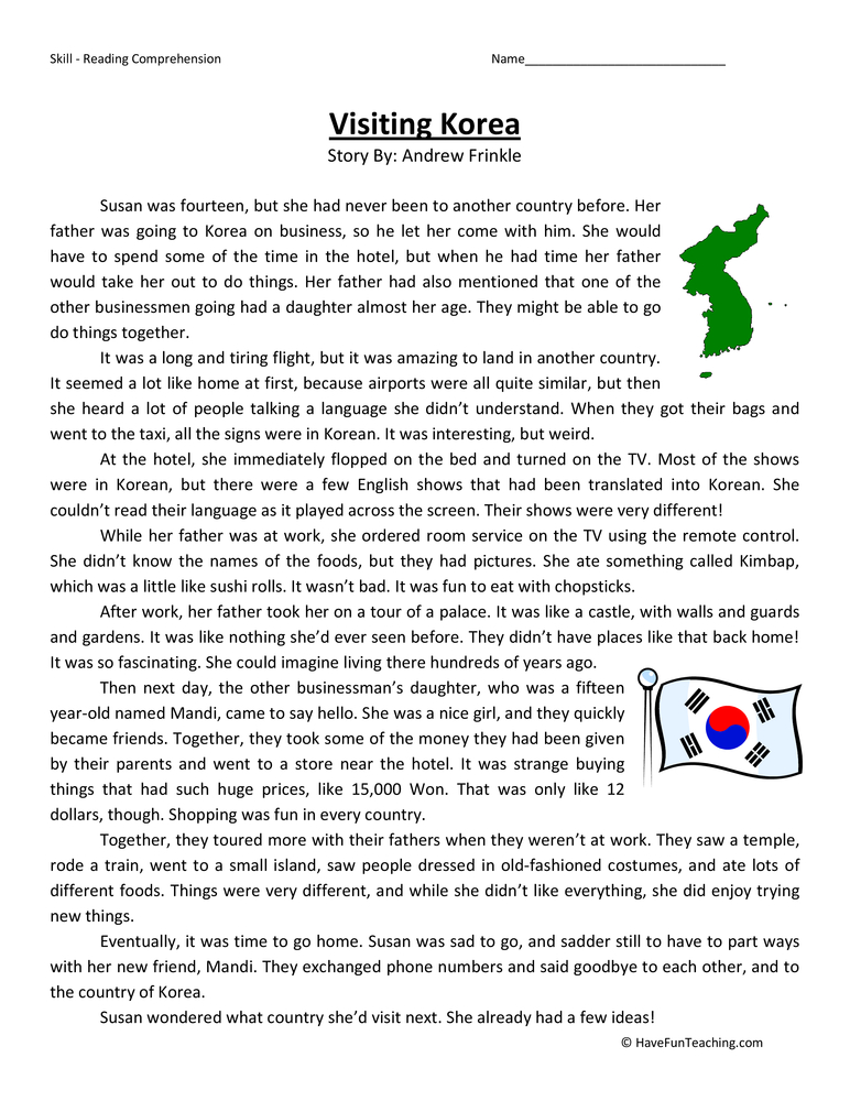 Visiting Korea Reading Comprehension Worksheet by Teach Simple