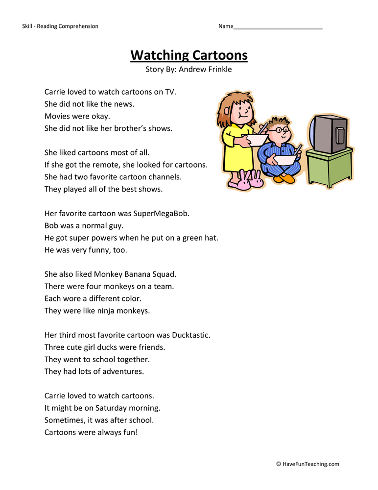 Watching Cartoons Reading Comprehension Worksheet by Teach Simple