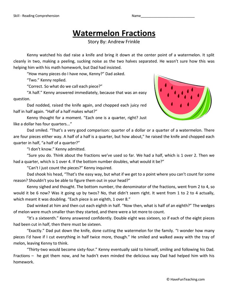 Watermelon Fractions Reading Comprehension Worksheet by Teach Simple