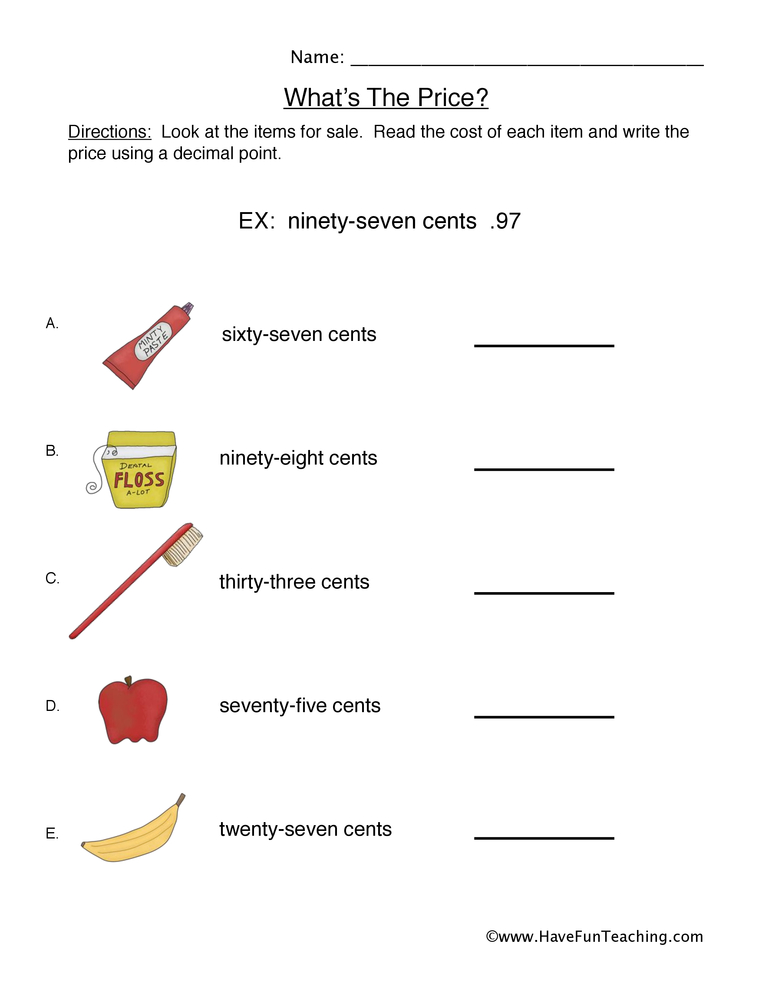 Whats the Money Price Worksheet by Teach Simple
