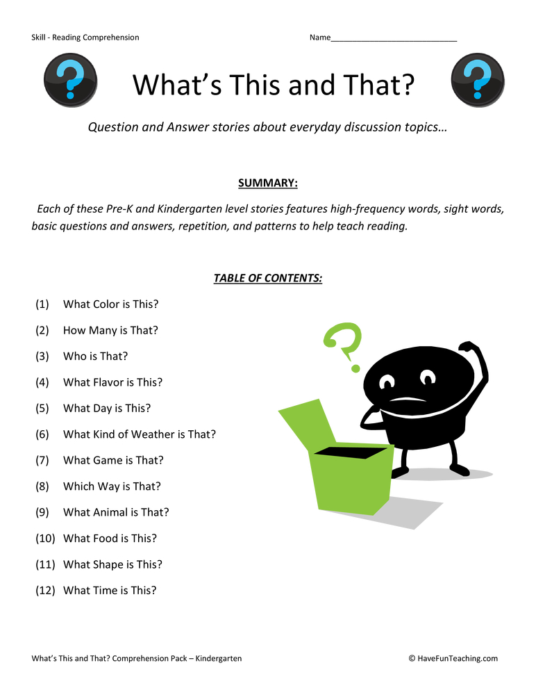 What's this and That? Reading Comprehension Test Collection by Teach Simple