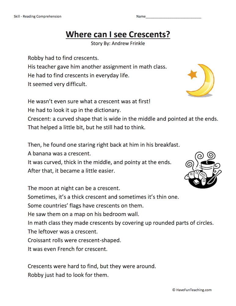 Where Can I See Crescents? Reading Comprehension Worksheet by Teach Simple