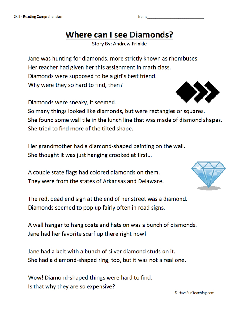 Where Can I See Diamonds? Reading Comprehension Worksheet by Teach Simple