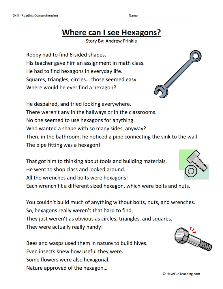 Where Can I See Hexagons? Reading Comprehension Worksheet by Teach Simple