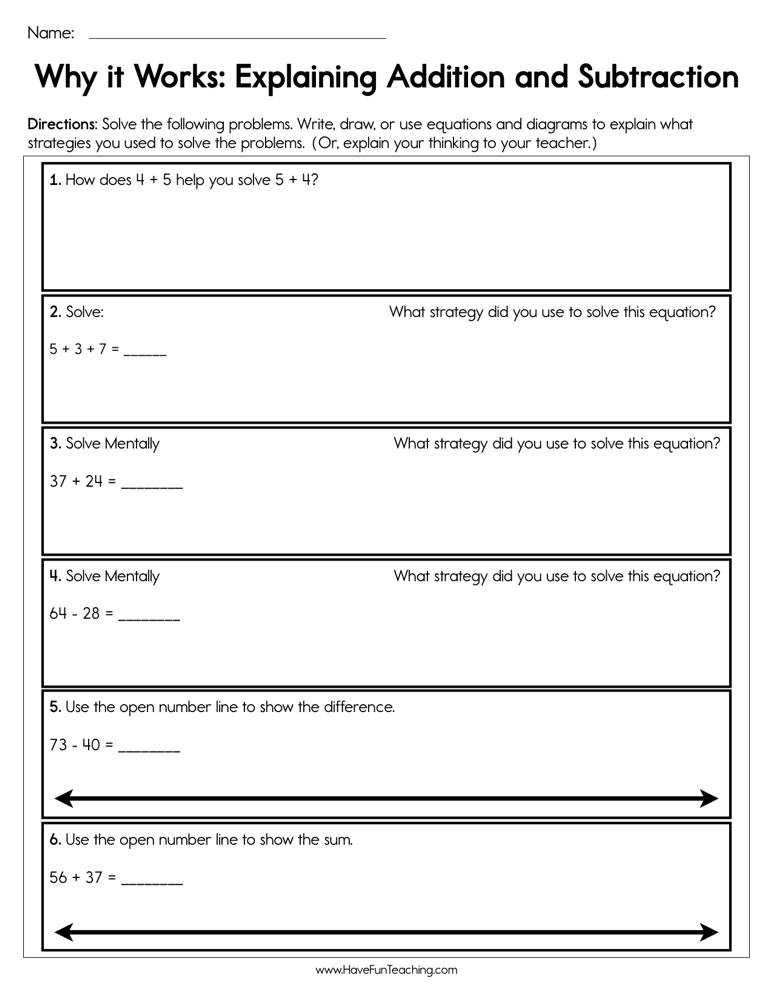 Why It Works Explaining Addition and Subtraction Worksheet by Teach Simple
