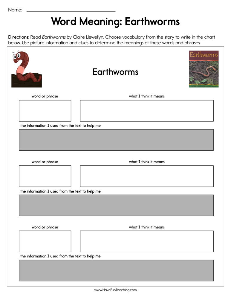 Word Meaning Earthworms Worksheet by Teach Simple
