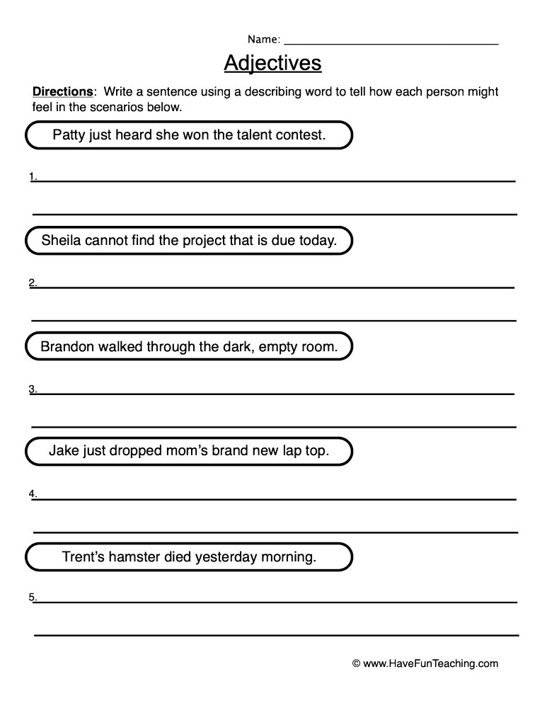 Writing Adjectives Worksheet by Teach Simple