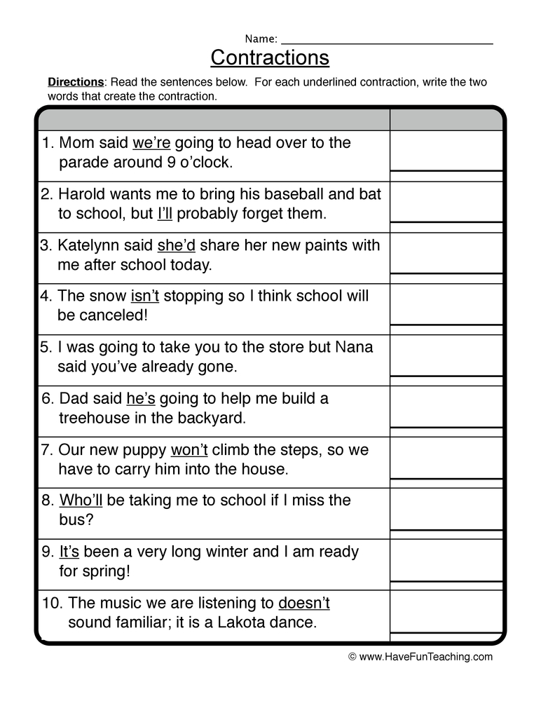 Writing Contractions Worksheet by Teach Simple
