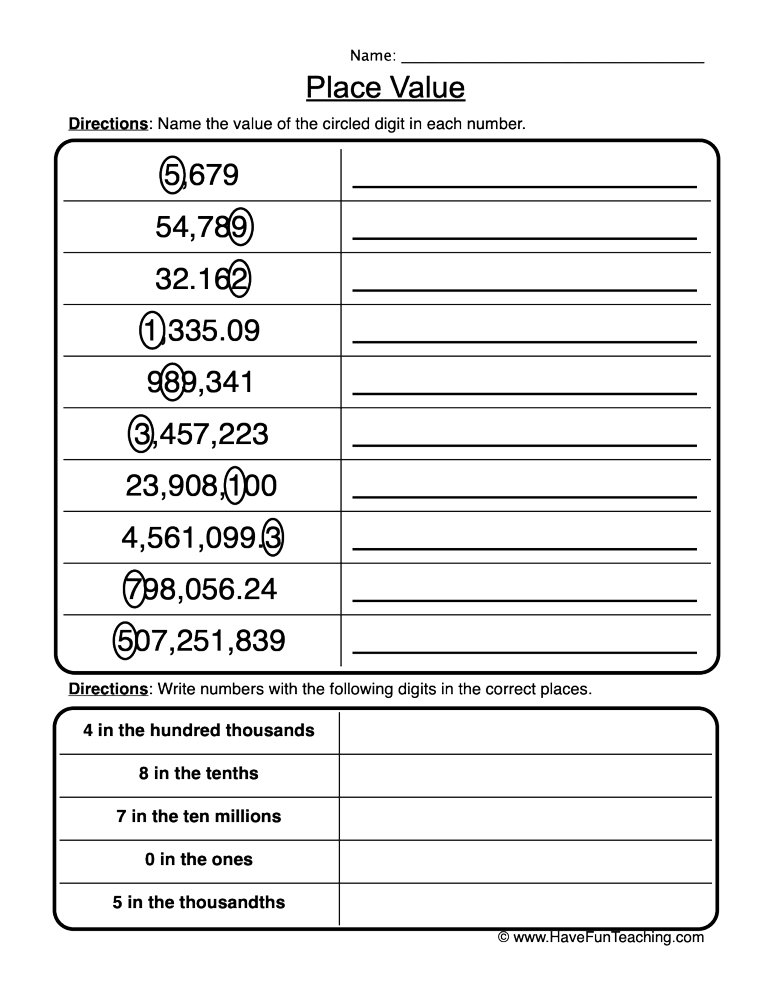 Writing Place Value Worksheet by Teach Simple