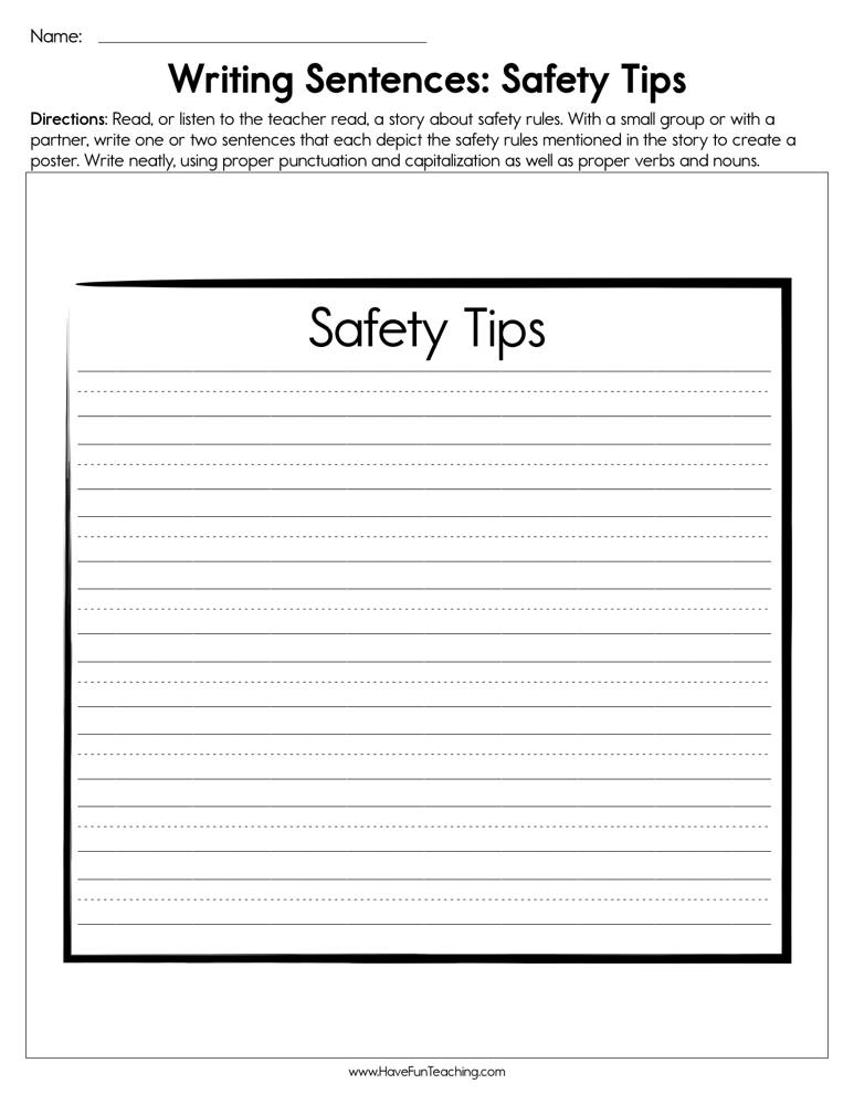 Writing Sentences Safety Tips Worksheet by Teach Simple