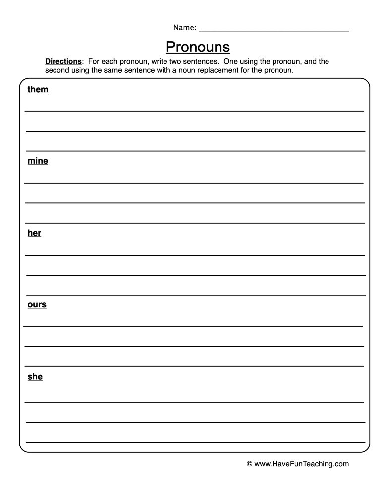Writing Sentences with Pronouns Worksheet by Teach Simple