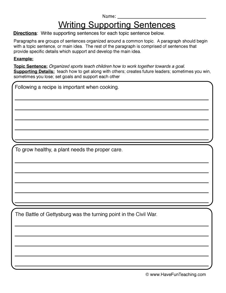 Writing Supporting Sentences Worksheet by Teach Simple