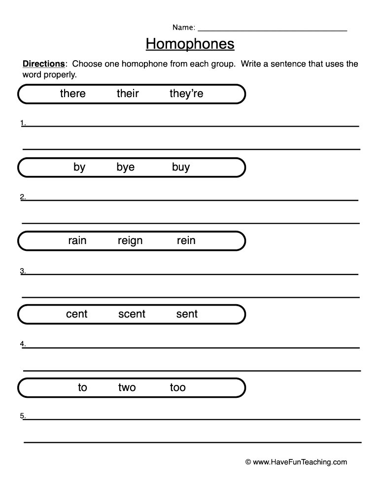 Writing with Homophones Worksheet by Teach Simple