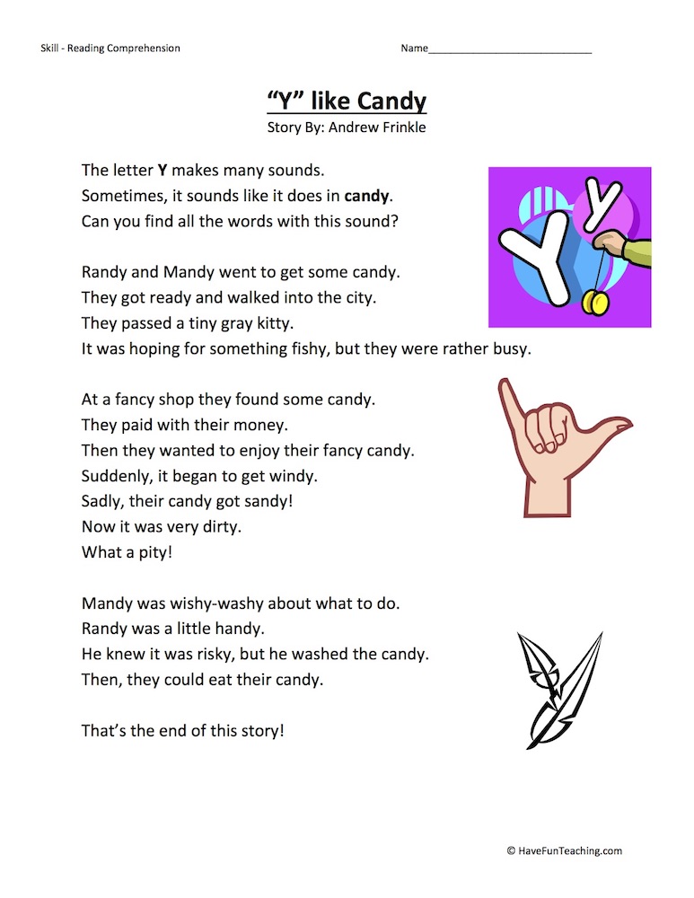 Y Like Candy Reading Comprehension Worksheet by Teach Simple