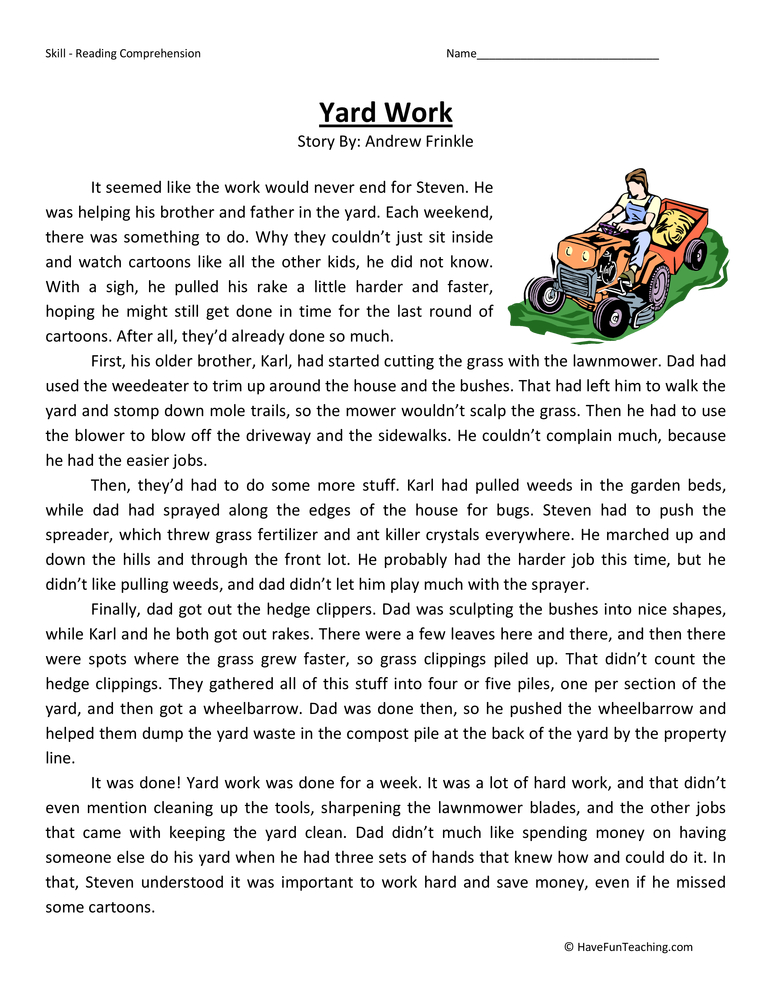 Yard Work Reading Comprehension Worksheet by Teach Simple
