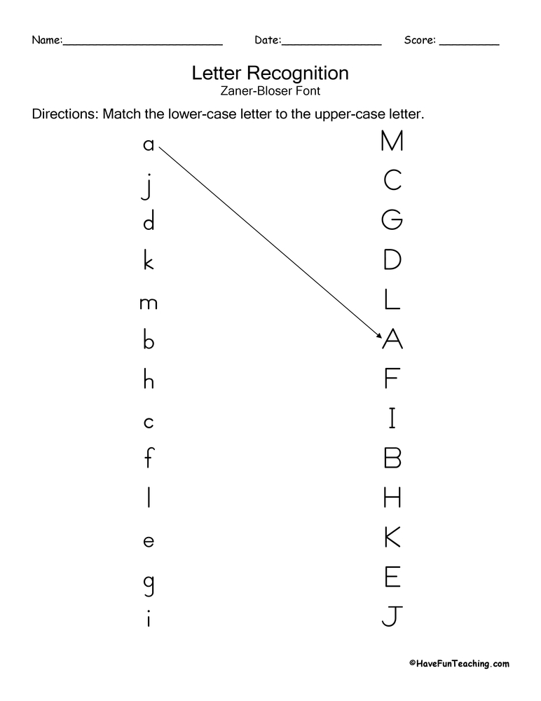 Zaner Bloser Letter Matching Recognition Test by Teach Simple